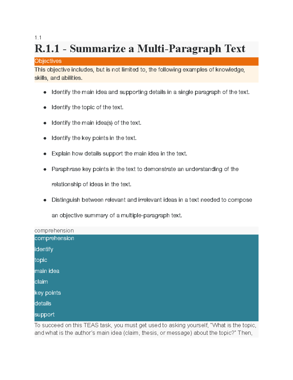 **TEAS R.1.1 - Summary Techniques for Multi-Paragraph Texts on Sepsis ...
