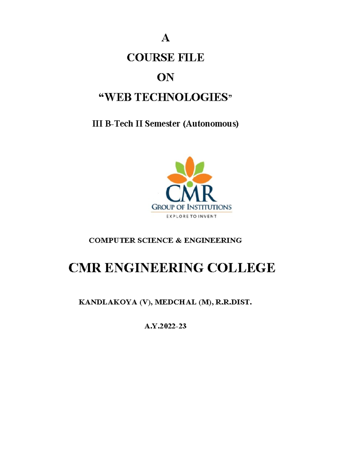 WEB TECHNOLOGIES Course File 2022-23 for III B-Tech II Sem CSE - Studocu