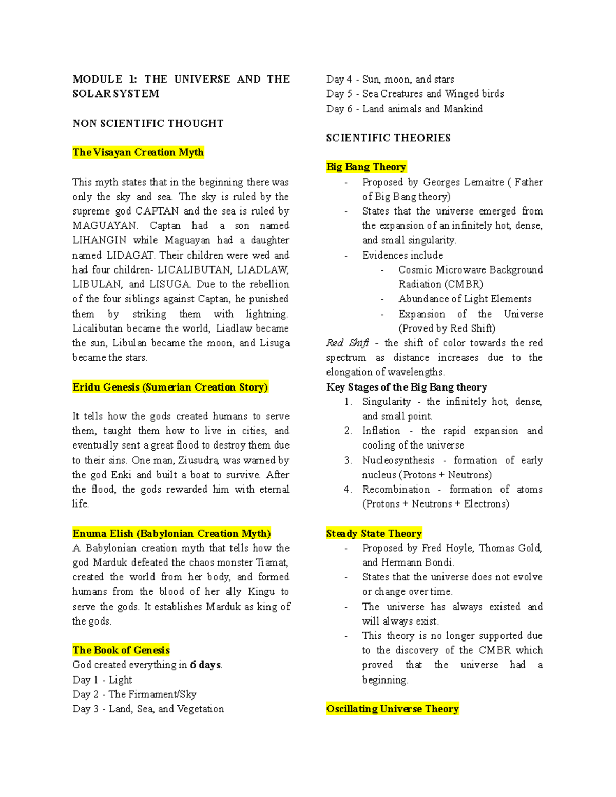Earth Science Preliminary Term: Module 1 - The Universe & Solar System - Studocu