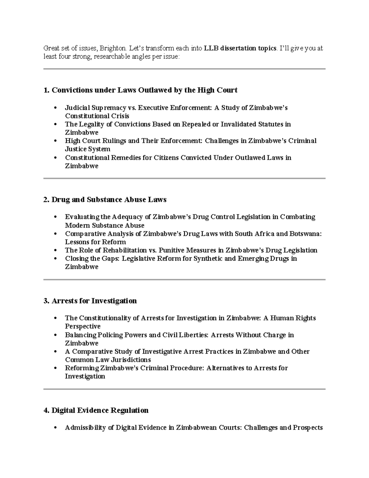 LLB Dissertation Topics: Key Legal Issues in Zimbabwean Law - Studocu
