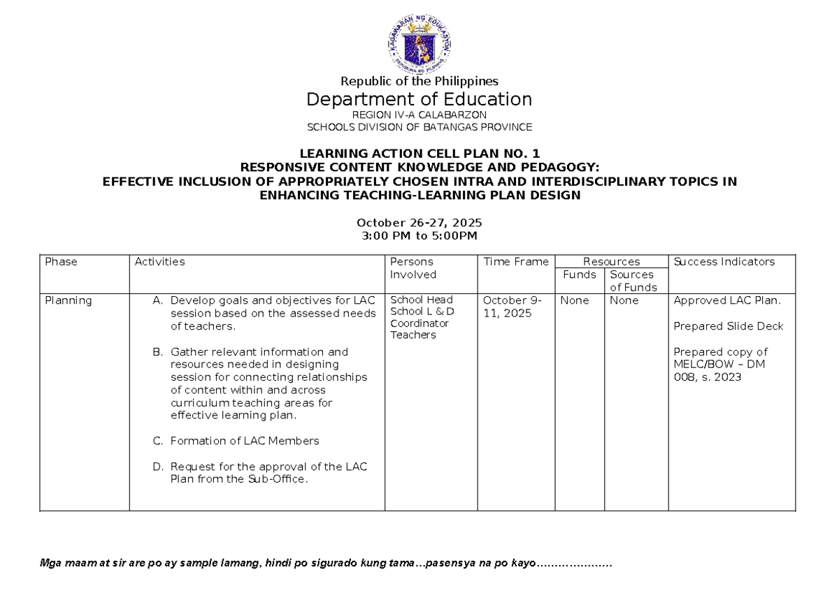 LAC Plan No. 1: Enhancing Curriculum Design through Interdisciplinary Topics - Studocu