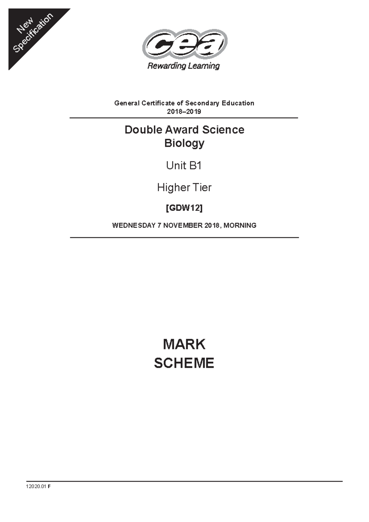 Revised GCSE SCI Double Award Unit B1 Mark Scheme Nov 2018 - Studocu