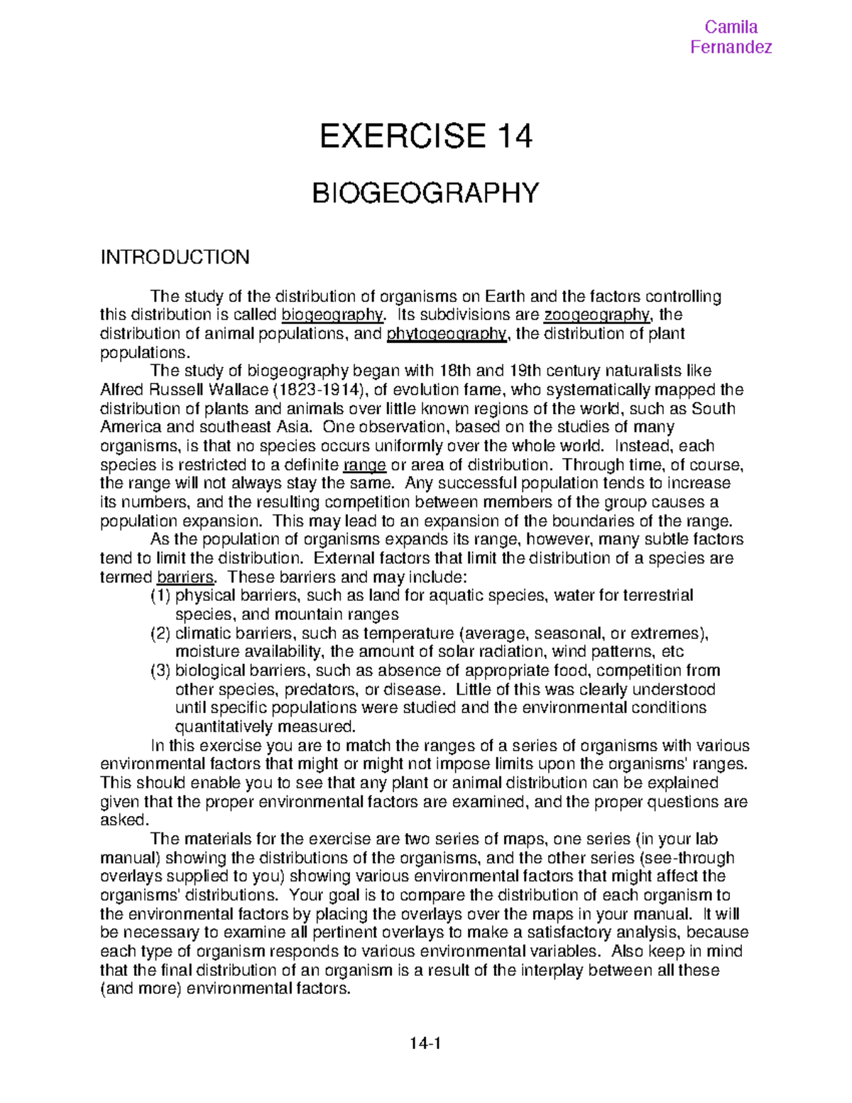 LM EX14 Biogeography - 14- EXERCISE 14 BIOGEOGRAPHY INTRODUCTION The ...