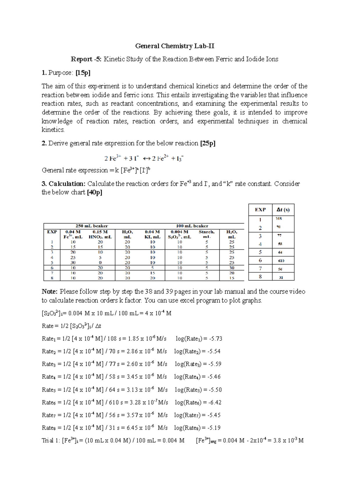 Kinetic Study of Ferric and Iodide Ion Reaction - Chem Lab II Report 5 ...