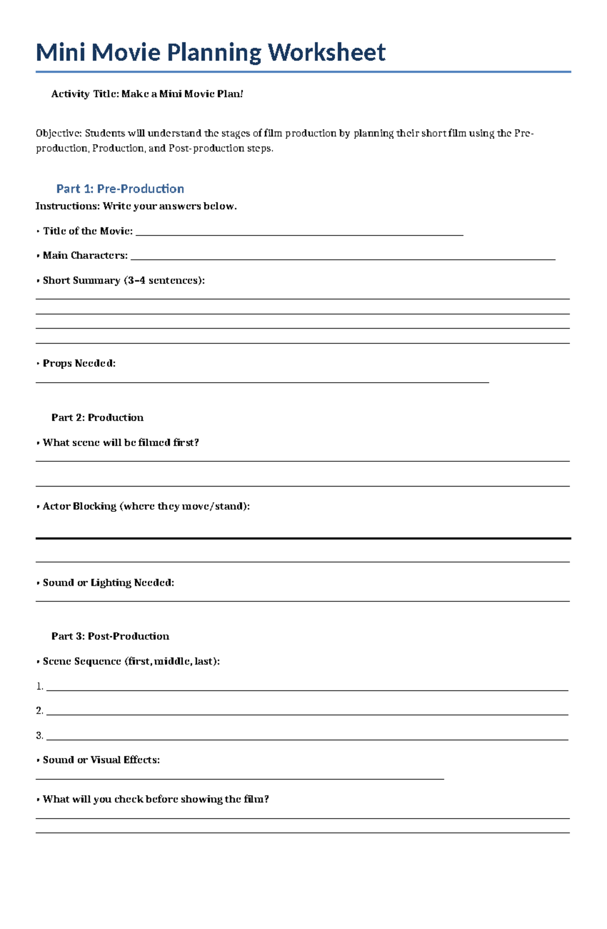 Mini Movie Planning Worksheet (Week 3) - Studocu