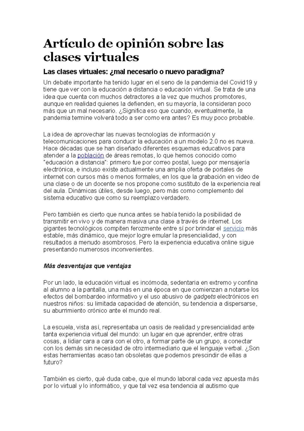 ESP-189 Artículo de opinión sobre las clases virtuales - Artículo de ...