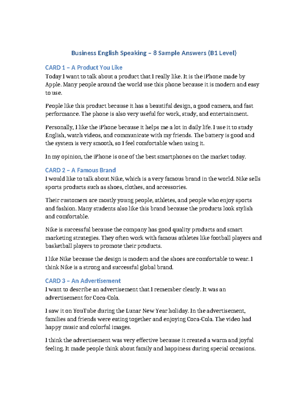 Business English Speaking B1 Sample Answers for Cards 1-6 - Studocu