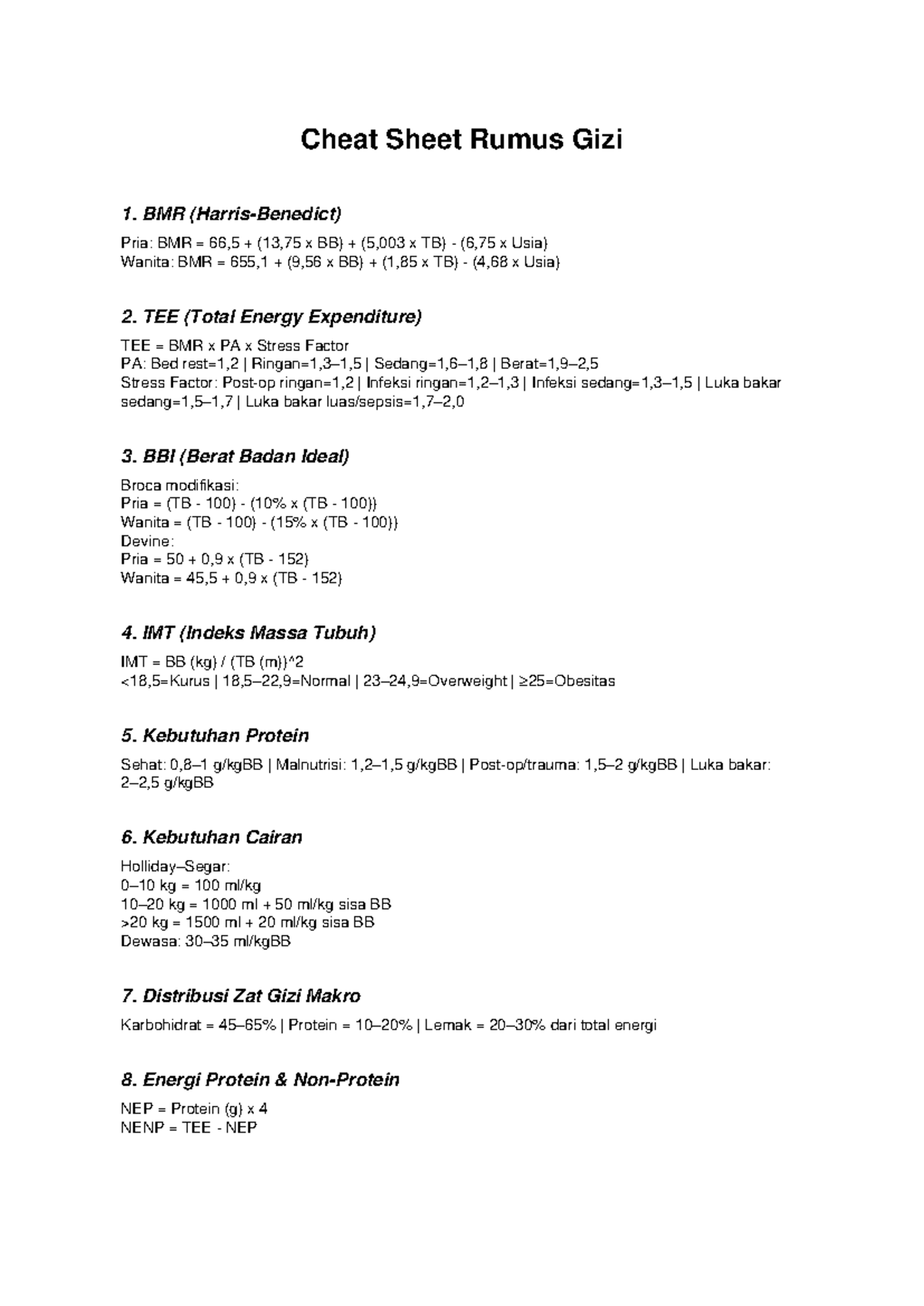 Rumus Gizi Cheat Sheet: BMR, TEE, BBI, IMT & Nutrisi - Studocu