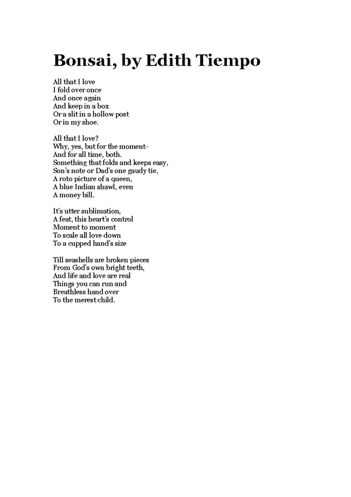 Bonsai Poem Analysis by Edith Tiempo: Love and Memory Themes - Studocu