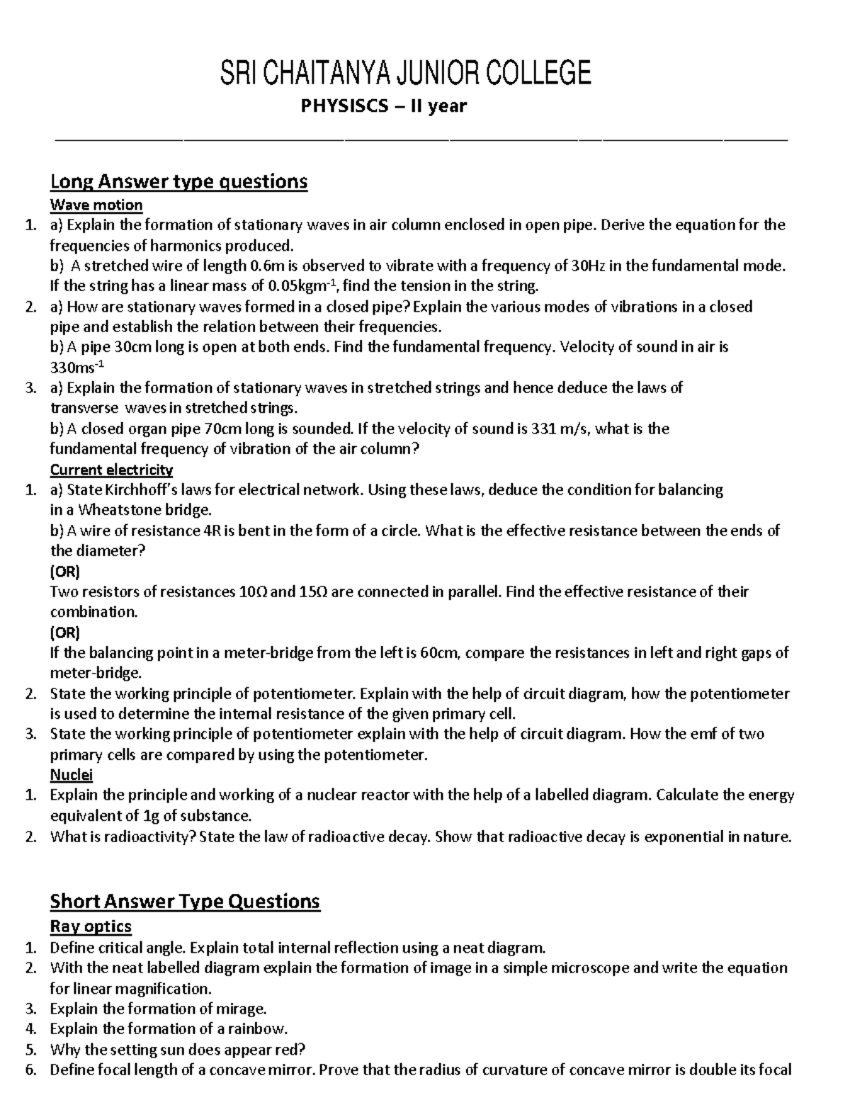 SRI CHAITANYA JUNIOR COLLEGE PHYSICS II Year Long Answer Questions ...