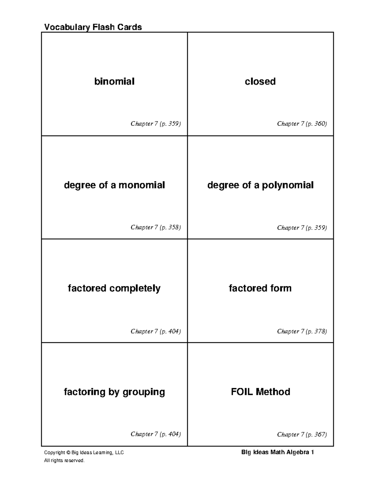 Algebra 1 Vocabulary Flash Cards: Chapter 7 Key Concepts - Studocu
