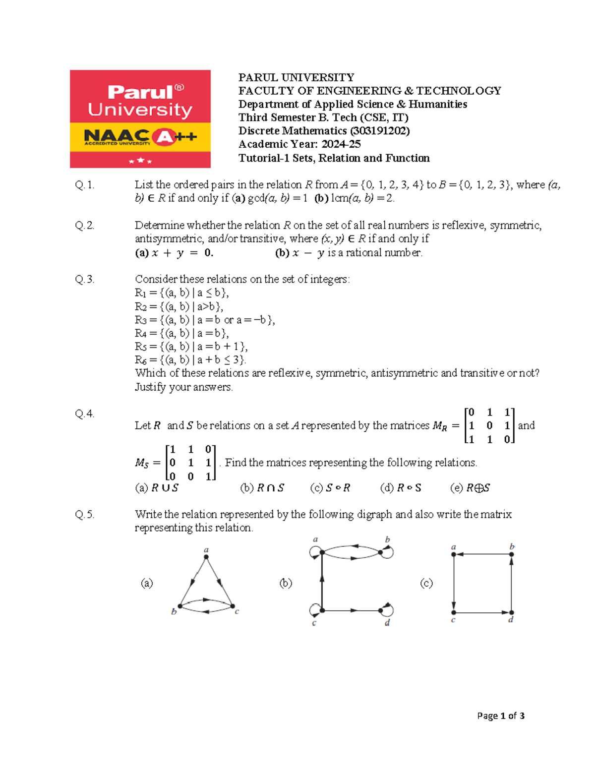 Tutorial-1: Sets, Relations, and Functions - Discrete Math (303191202 ...