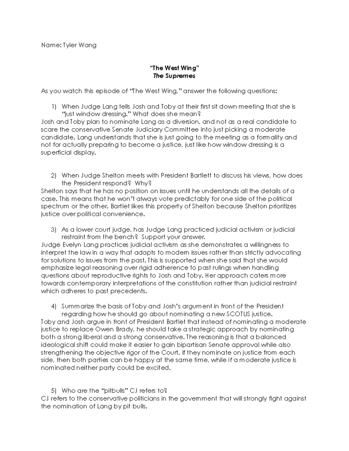 West Wing The Supremes Worksheet - Name: Tyler Wang “The West Wing” The ...