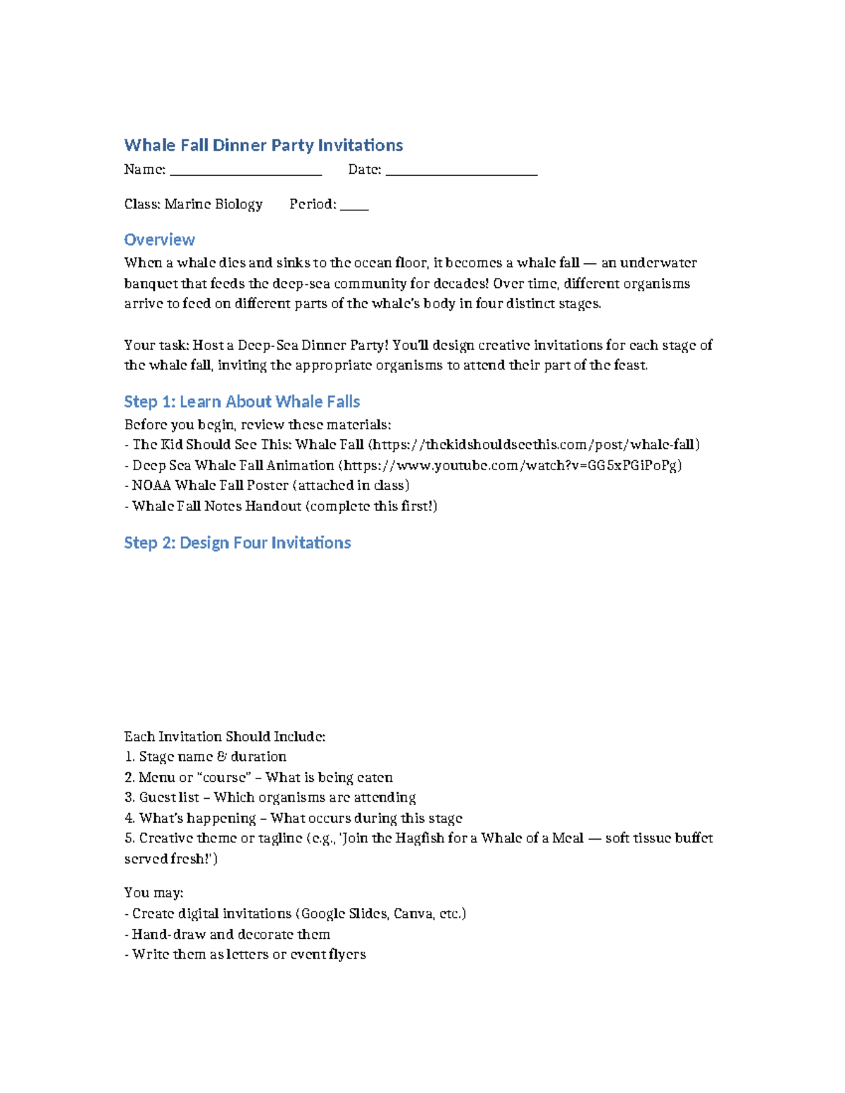Whale Fall Dinner Party Invitations: Marine Biology Project - Studocu