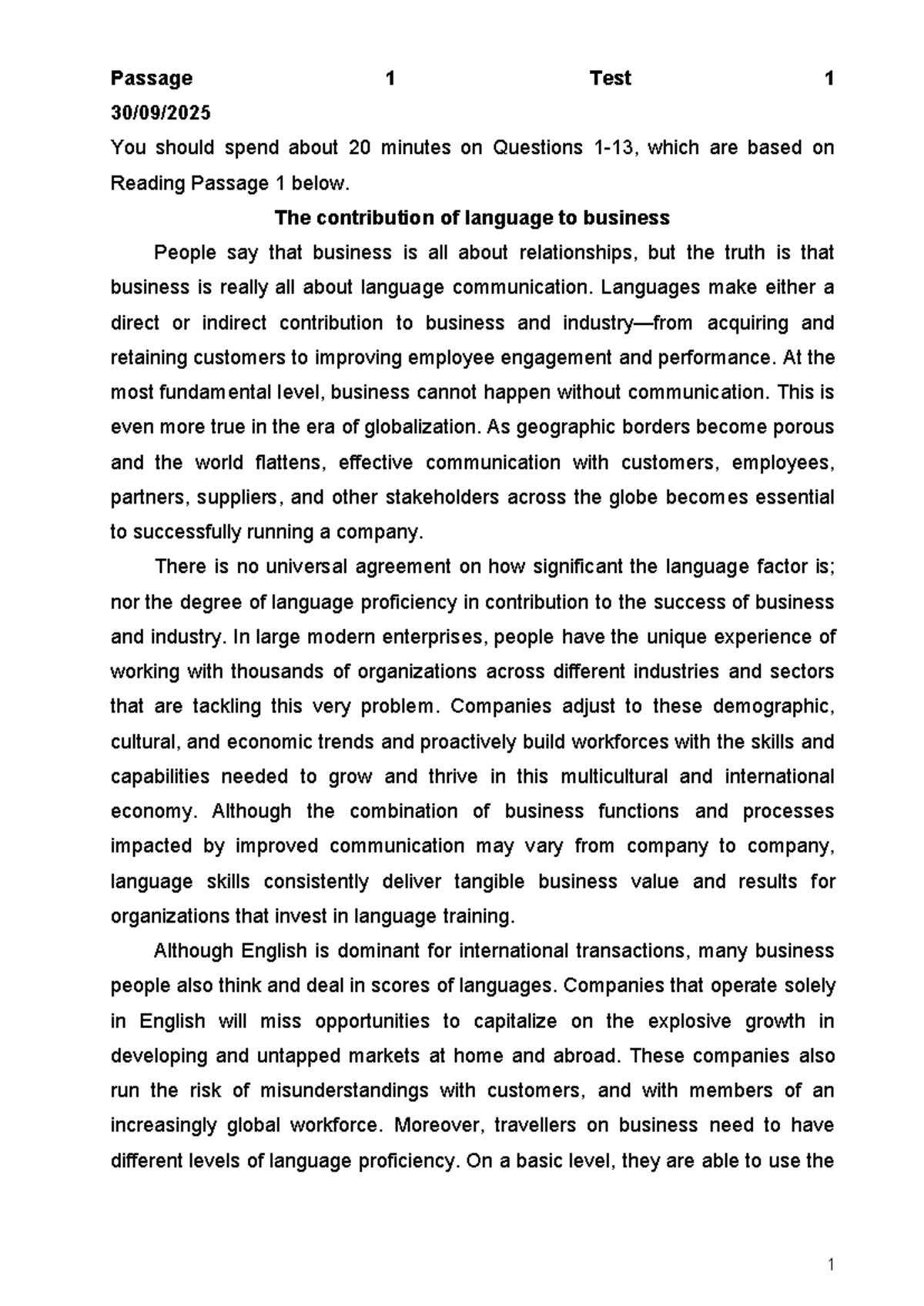 300925 Passage 1 Test 1: The Role of Language in Business Communication ...