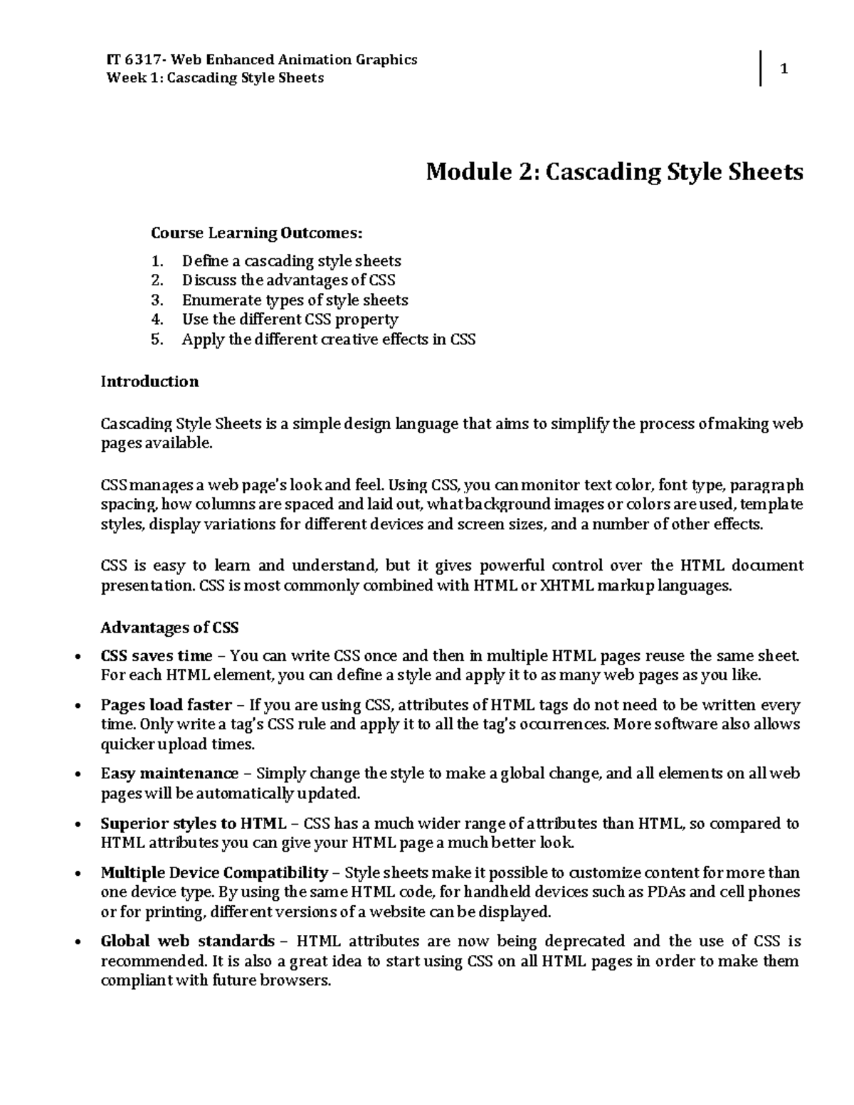 IT Web Enhanced Animation Graphics W1: Intro to Cascading Style Sheets ...