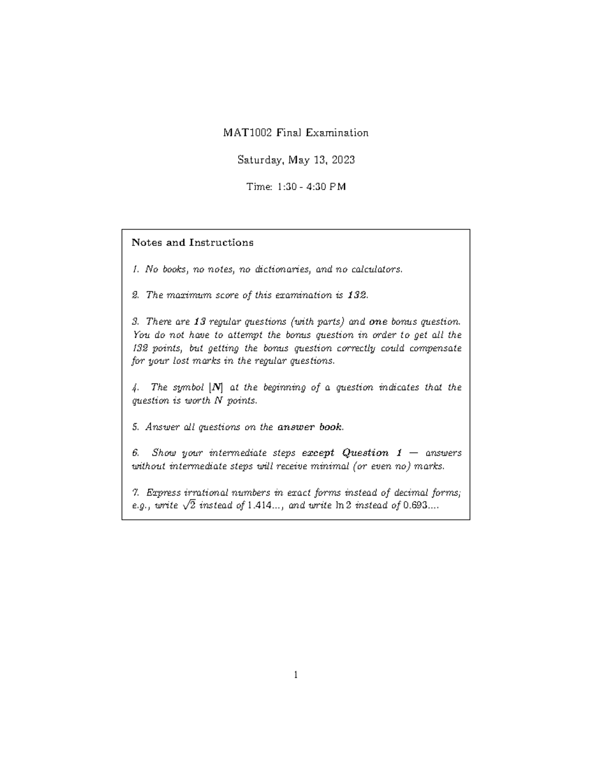MAT1002 Final Exam Guidelines and Questions - May 2023 - Studocu