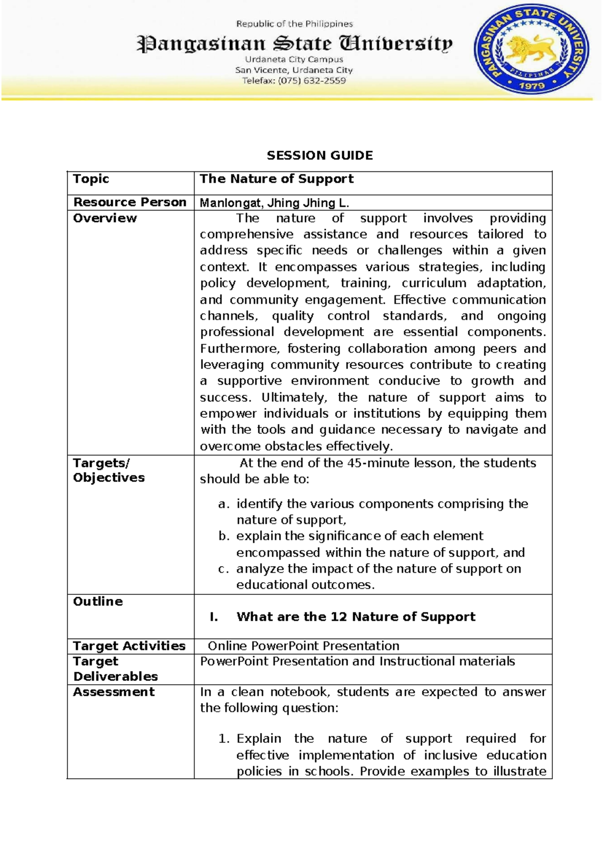 UNIT 7 - Session Guide on The Nature of Support by Manlongat - Studocu
