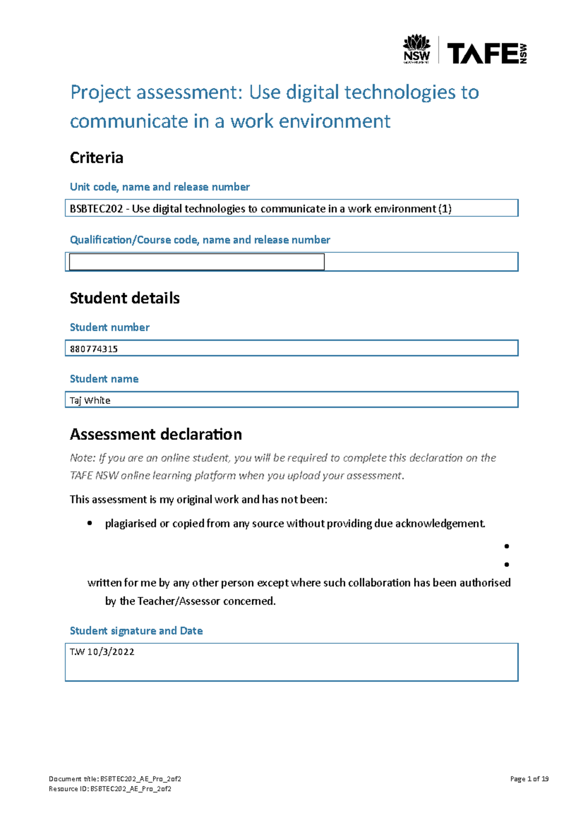 Bsbtec 202 AE Pro2of2 - Project assessment: Use digital technologies to ...