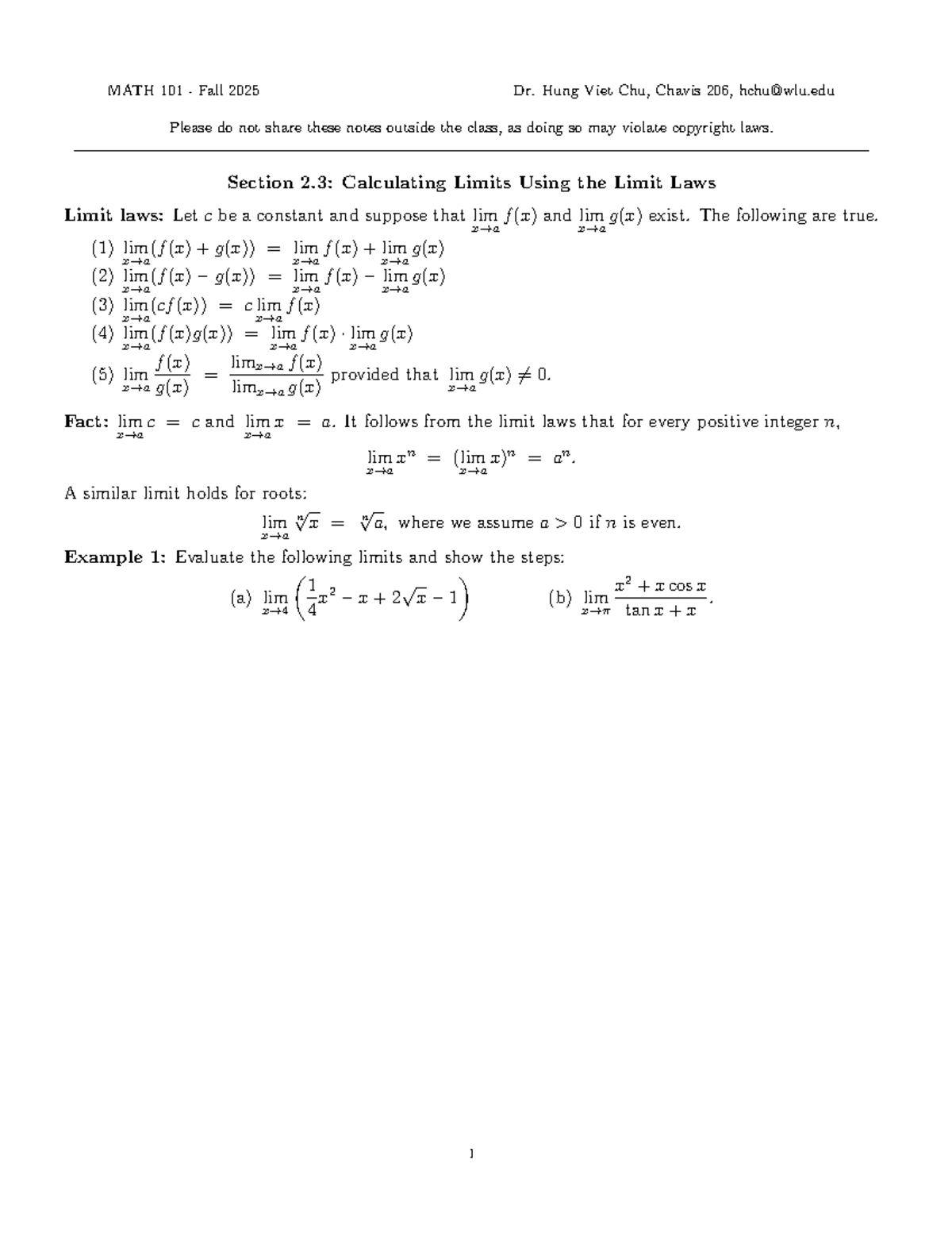 Calculating Limits Using Limit Laws - MATH 101 Lecture Notes - Studocu