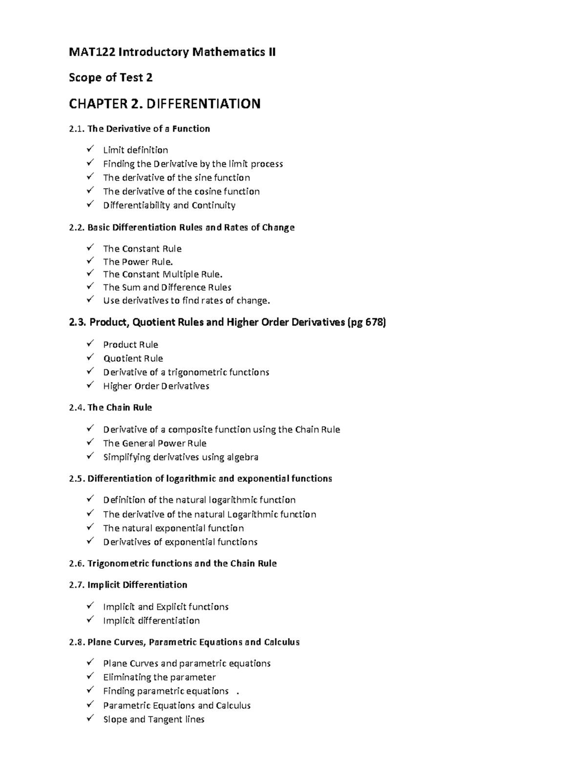 Scope of Test 2 - MAT122 Introductory Mathematics II Scope of Test 2 ...