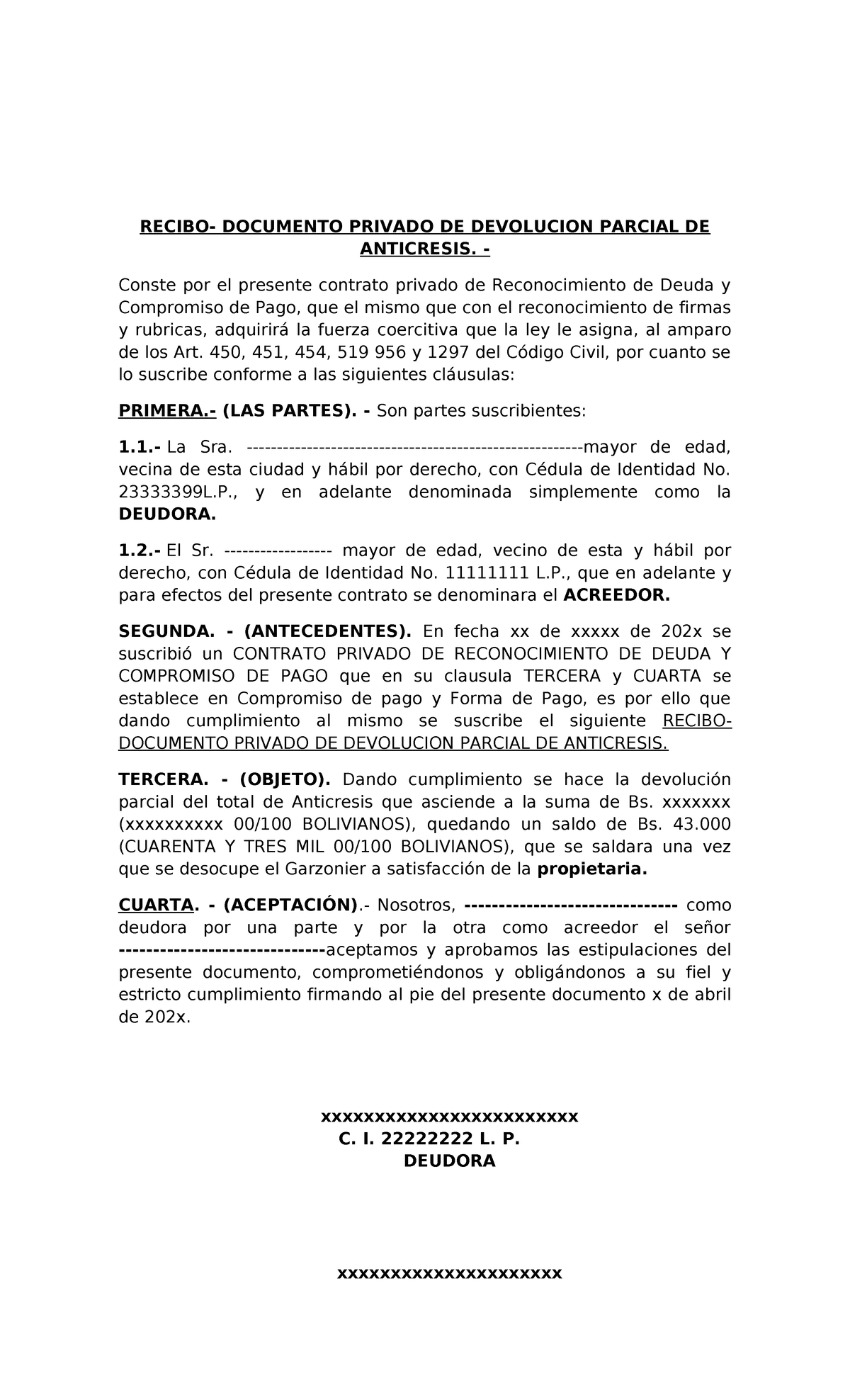 Recibo Devolución Parcial de Anticresis - Ejemplo Legal - Studocu