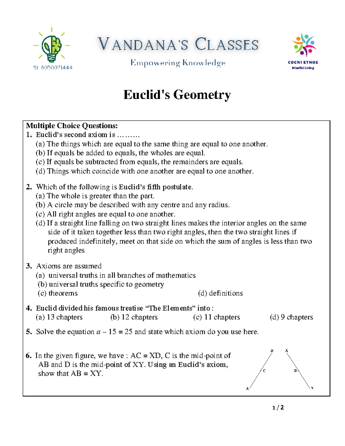 Mathematics IX: Introduction to Geometry - Worksheet No. 4 Questions ...