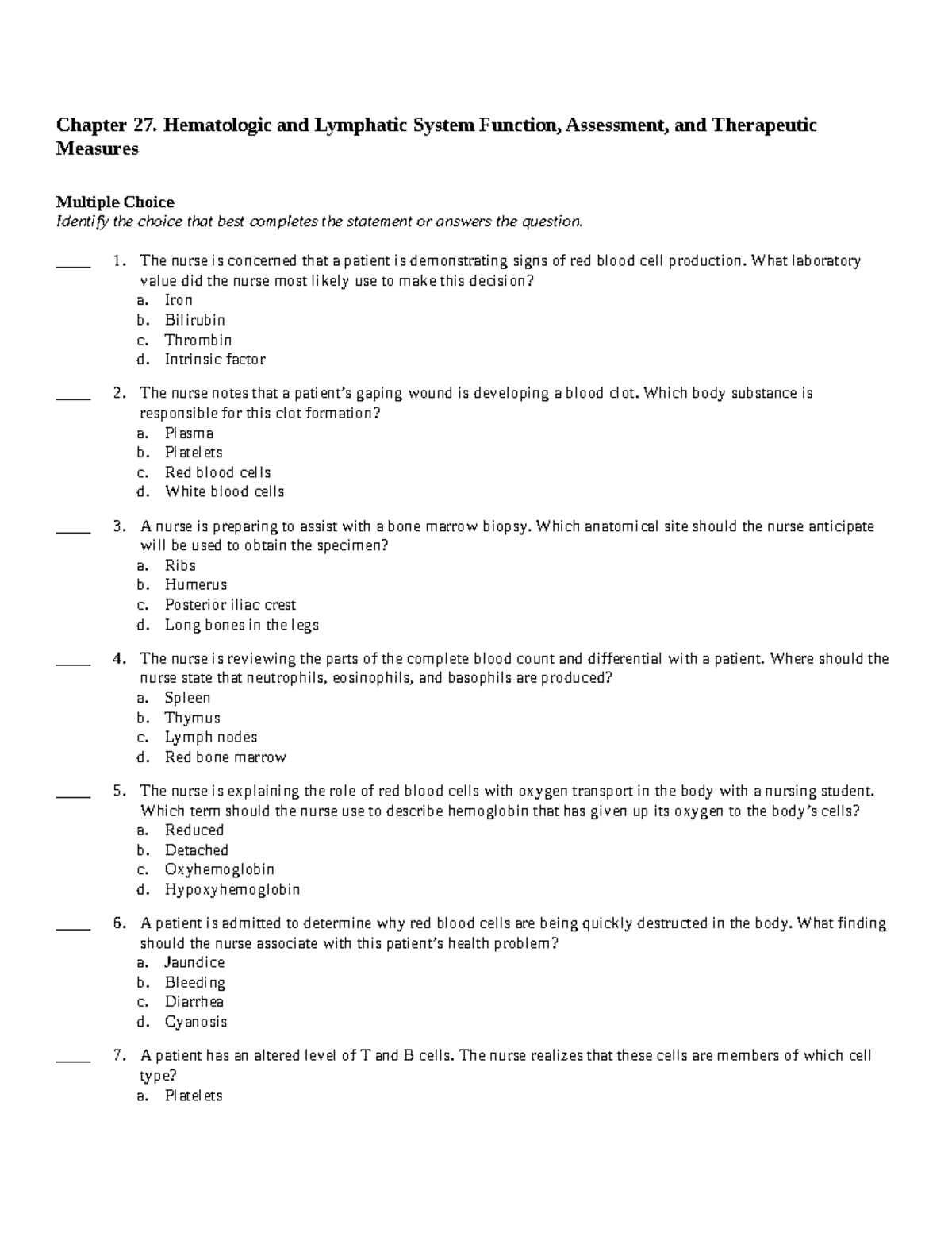 Ch27 - Hematologic & Lymphatic Systems Practice Tests - Studocu