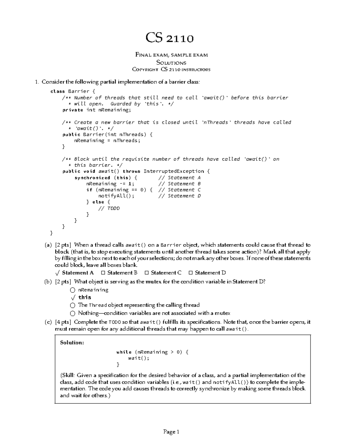 CS 2110 Final Exam Sample Solutions and Code Implementations - Studocu