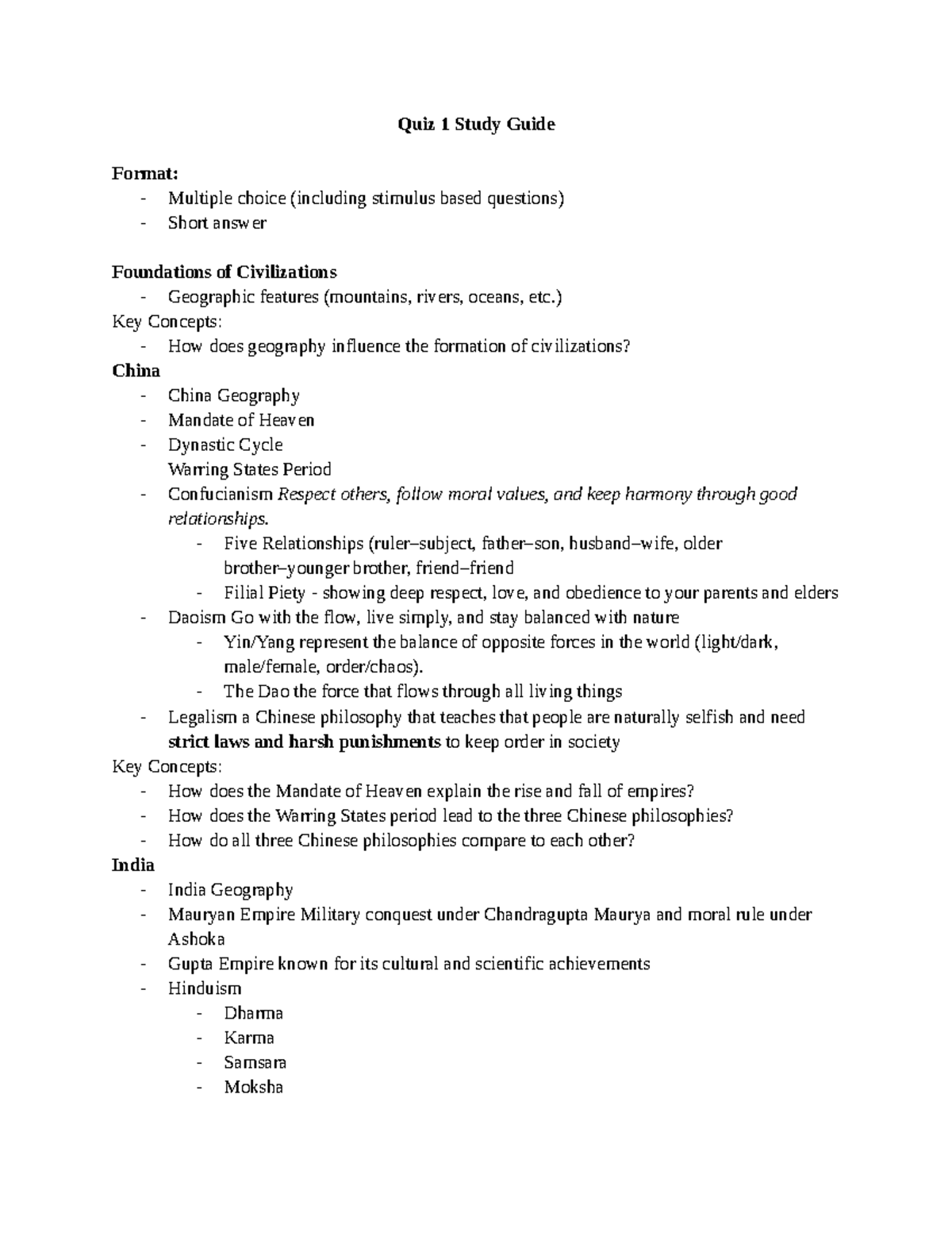 Quiz 1 Study Guide: Foundations of Civilizations & Geography - Studocu