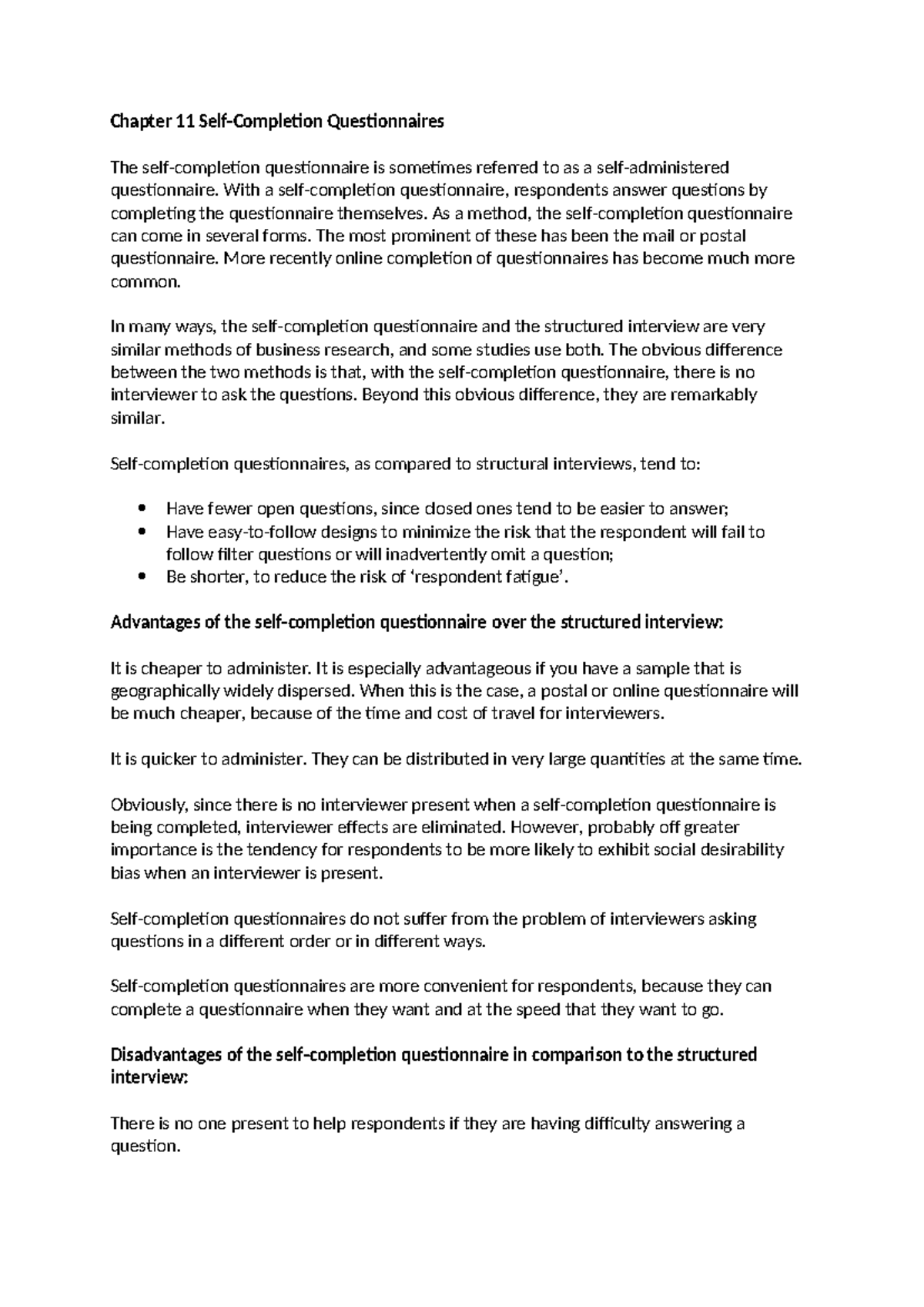 Chapter 11: Self-Completion Questionnaires in Research - Studeersnel
