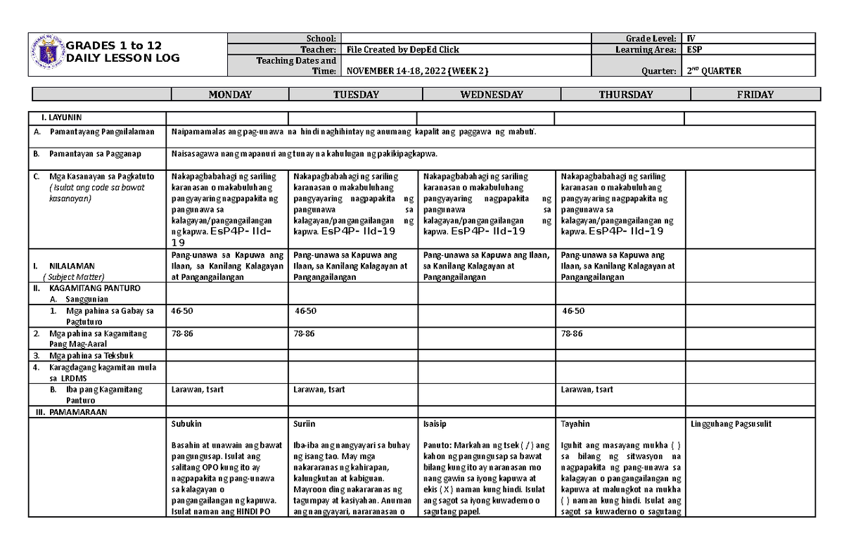 DLL ESP 4 Q2 W2 - EDUKASYON SA PAGPAPAKATAO 4 - GRADES 1 to 12 DAILY LESSON LOG School: Grade ...