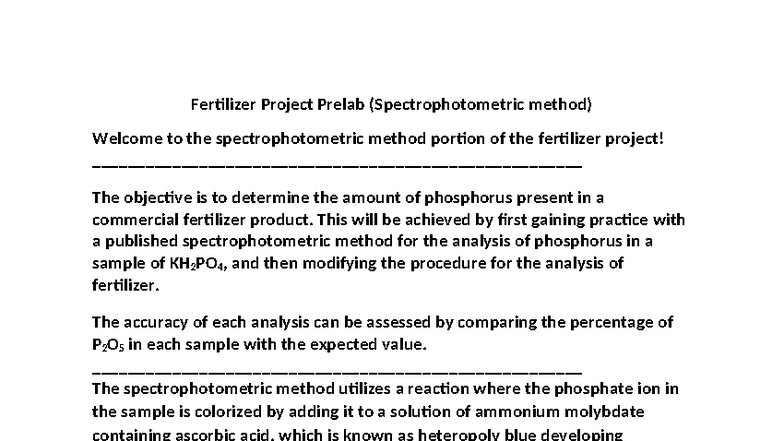 Fertilizer Project Prelab: Spectrophotometric Method Analysis - Studocu