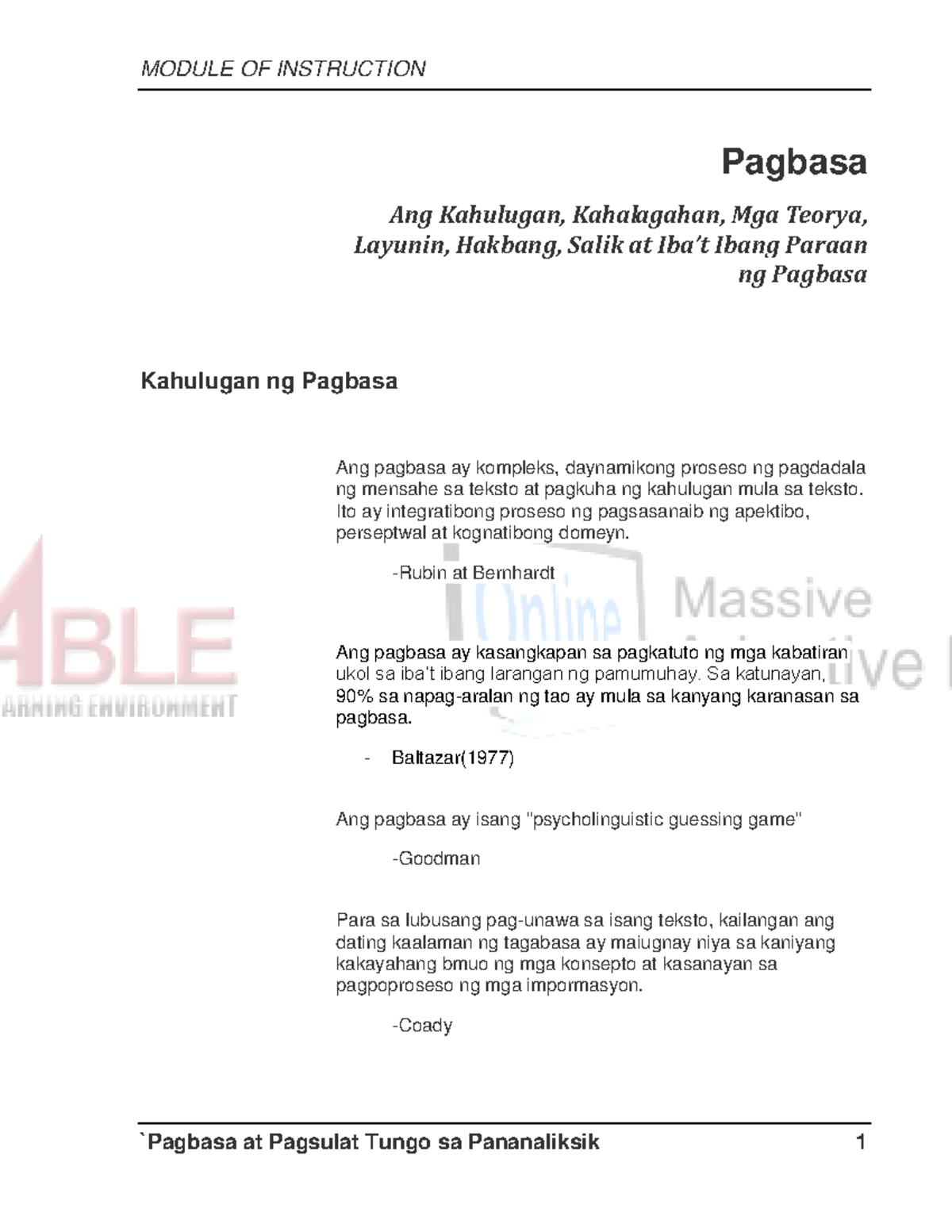 Module OF Instructional Material for Pagbasa at Pagsulat - MODULE OF ...