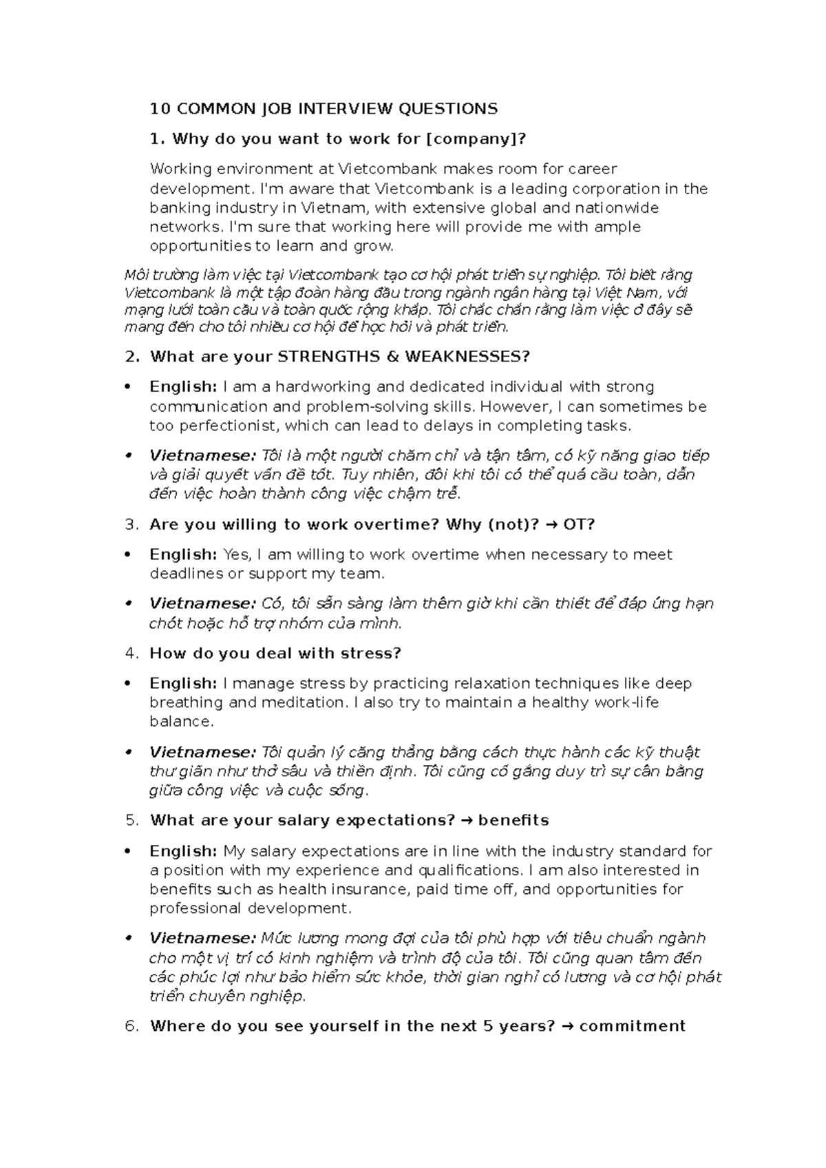10 COMMON JOB INTERVIEW QUESTIONS - TACN - Studocu