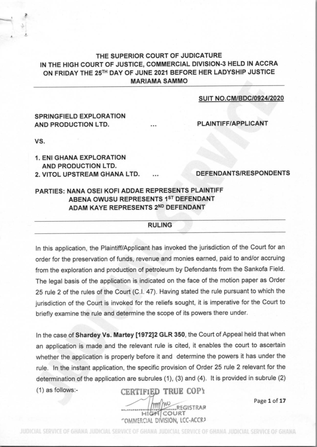 Ruling on Preservation of Funds in Springfield Exploration Case (C.I ...