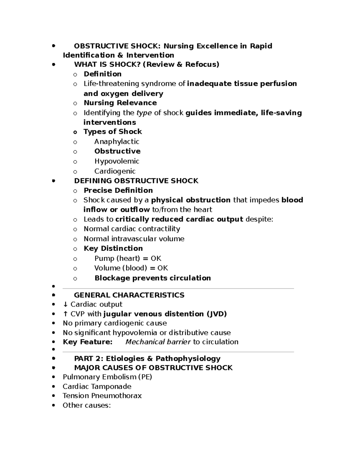 OB 101: Obstructive Shock - Nursing Assessment & Management Notes - Studocu