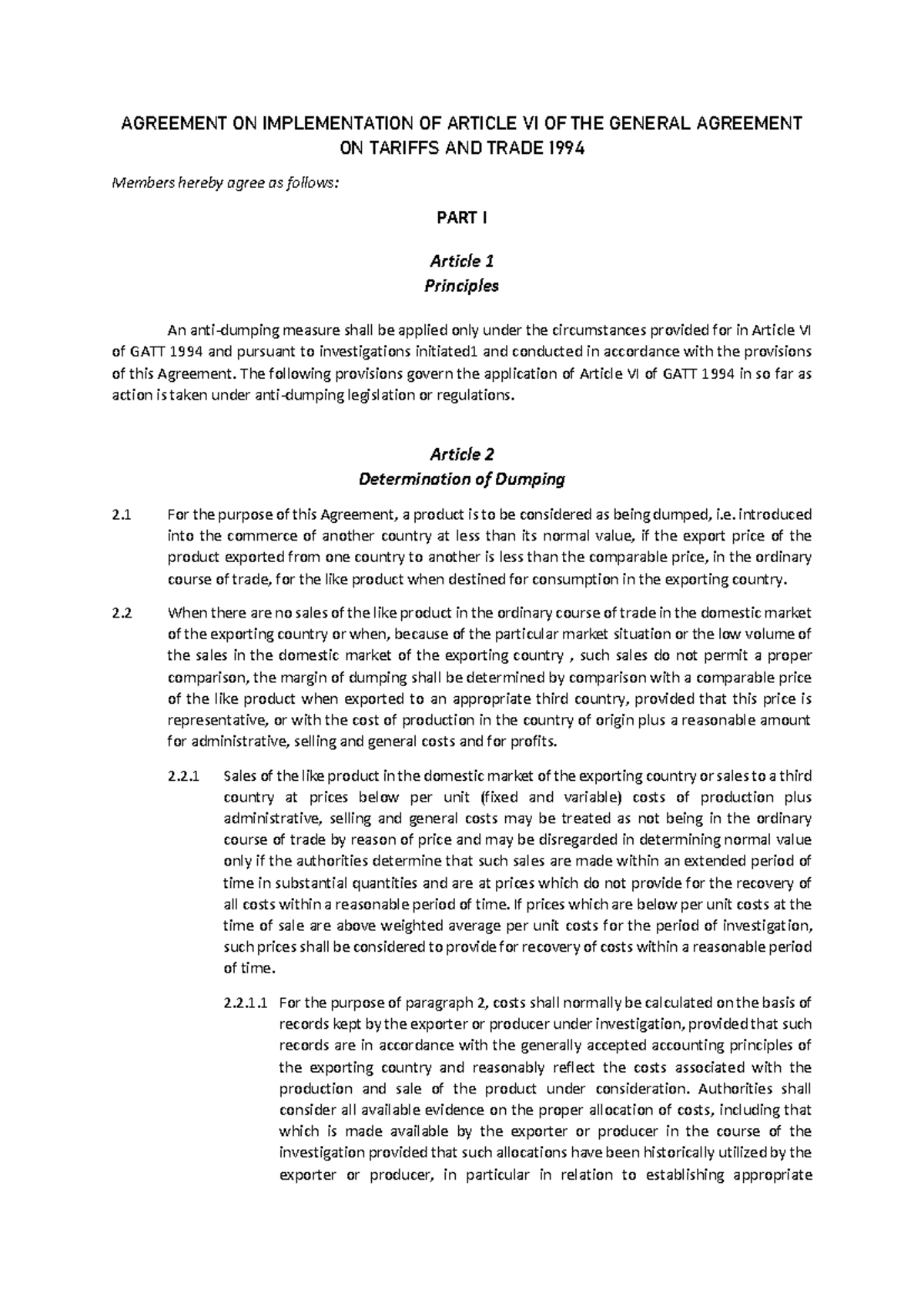 Agreement ON Implementation OF Article VI OF THE General Agreement ON ...