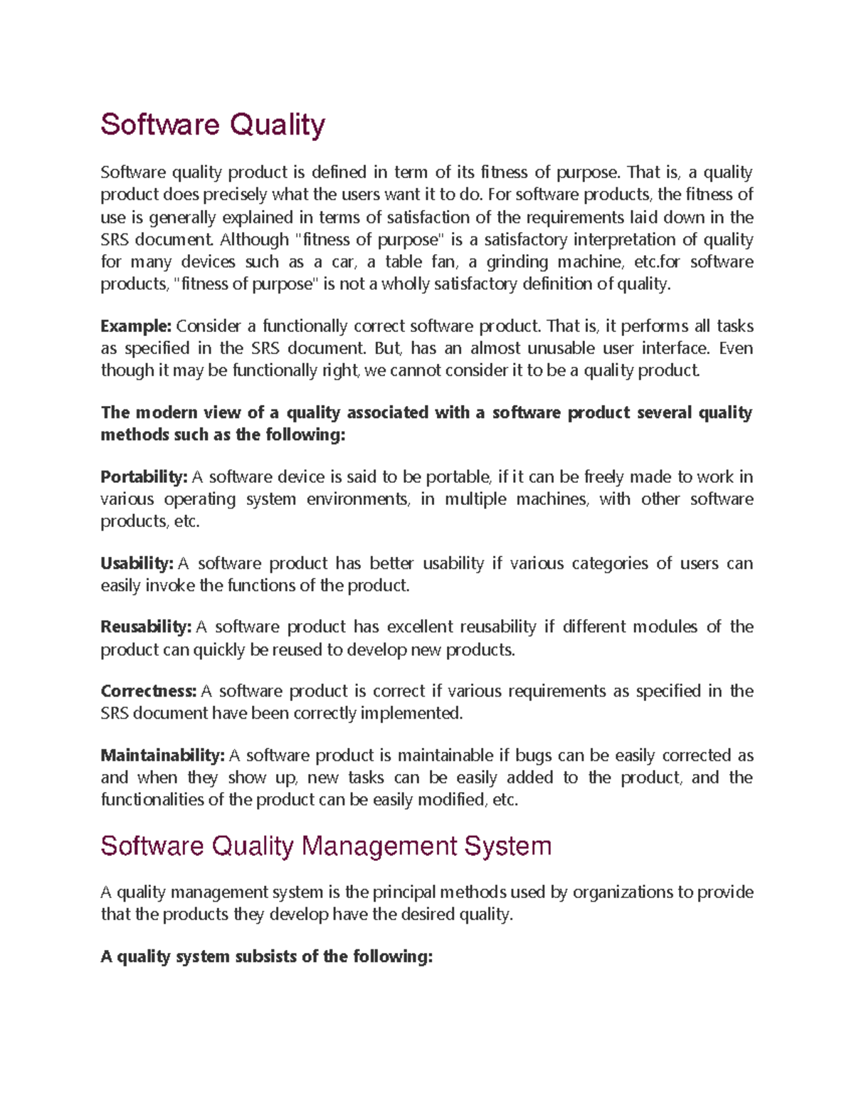 Software Quality.pdf - Software Quality Software quality product is defined in term of its ...