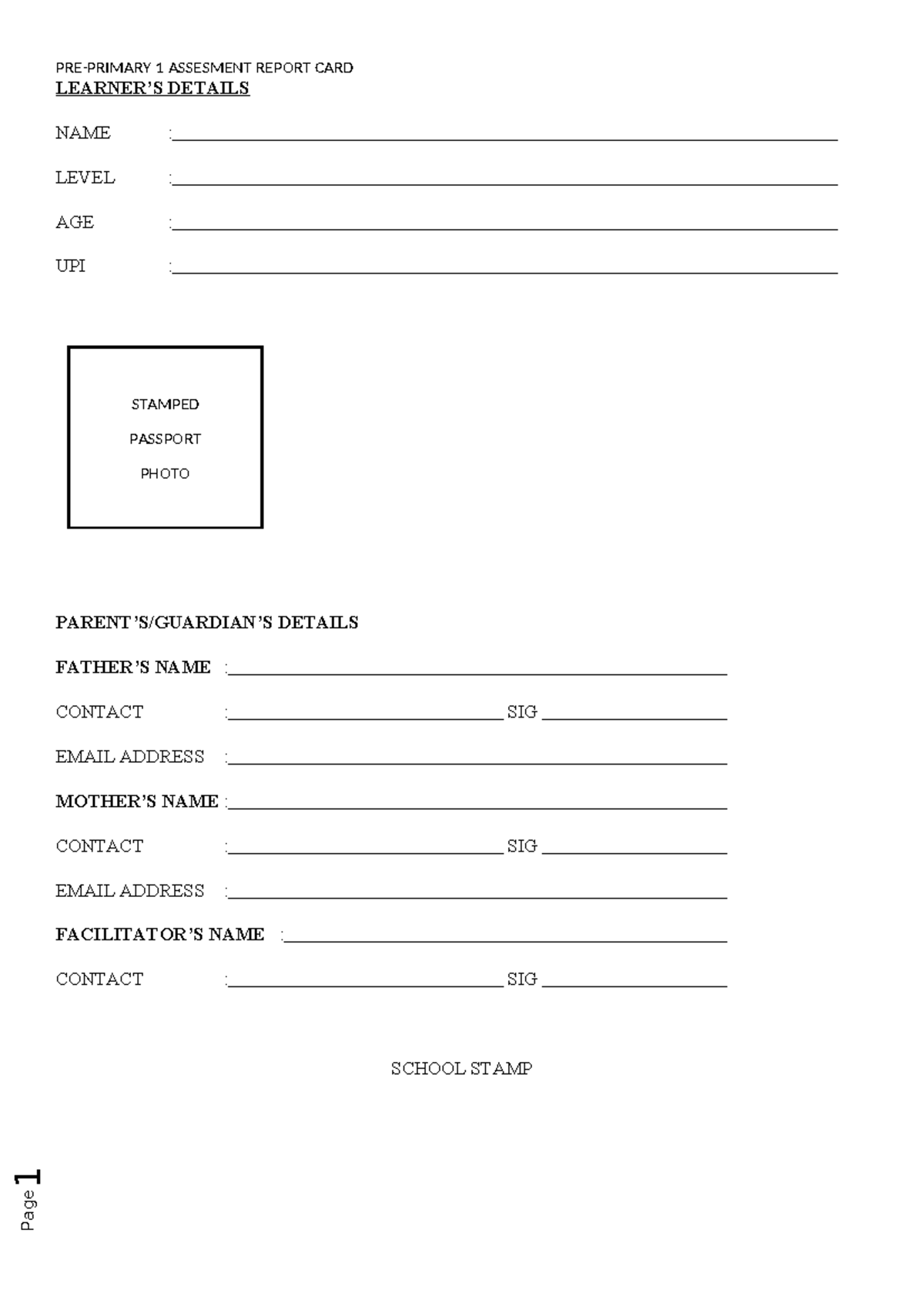 PP1 Assessment Report Card - Language, Math, and Creative Activities ...