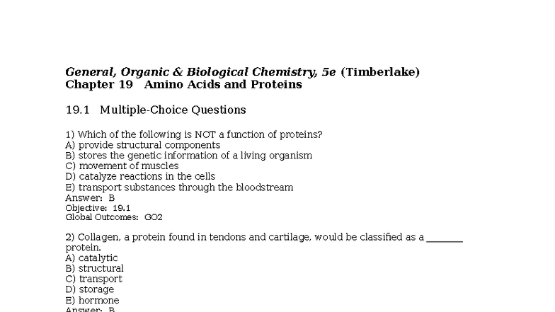 General, Organic Biological Chemistry, 5e (Timberlake) Chapter 19 Test ...