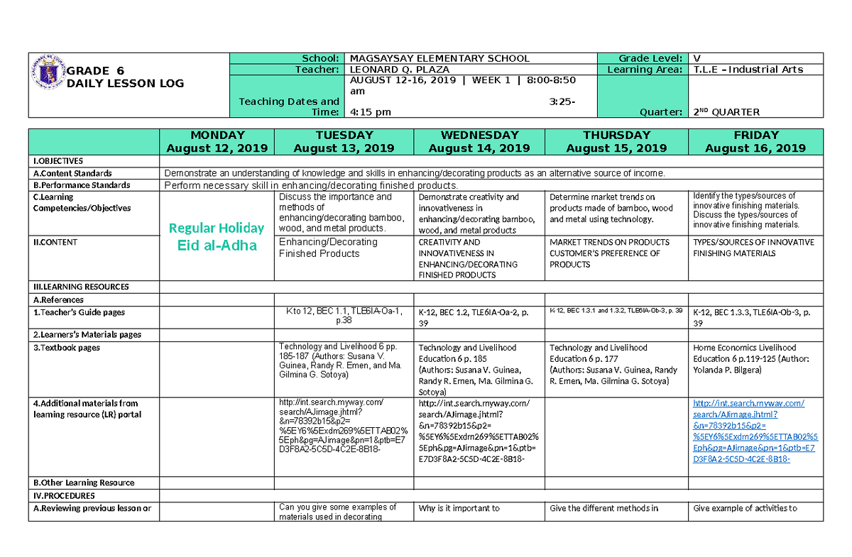 DLL TLE 6 Q2 IA WEEK 1: Daily Lesson Log for Industrial Arts - Studocu