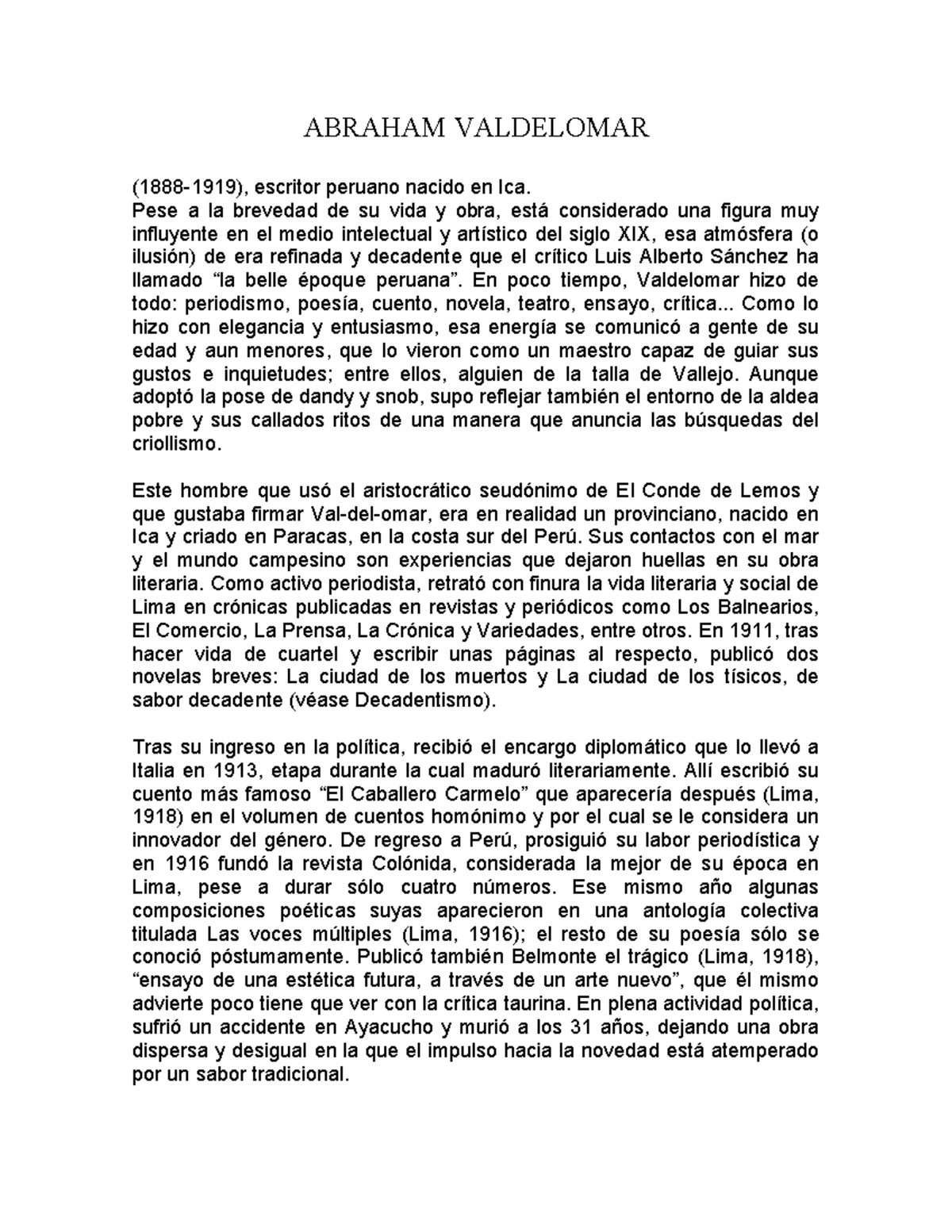Abraham Valdelomar: Influencia y Legado de un Escritor Peruano - Studocu
