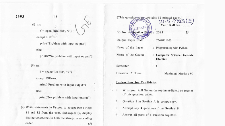 2393 Programming with Python: Semester I Exam Paper - Studocu
