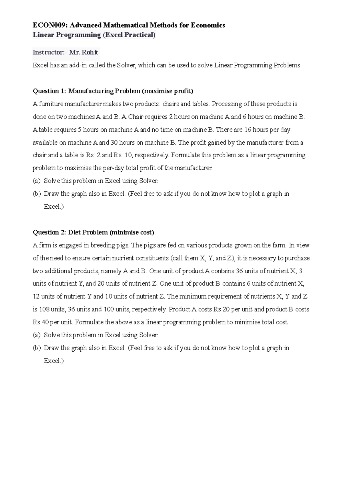 ECON009: Linear Programming Problems & Excel Solver Practical - Studocu
