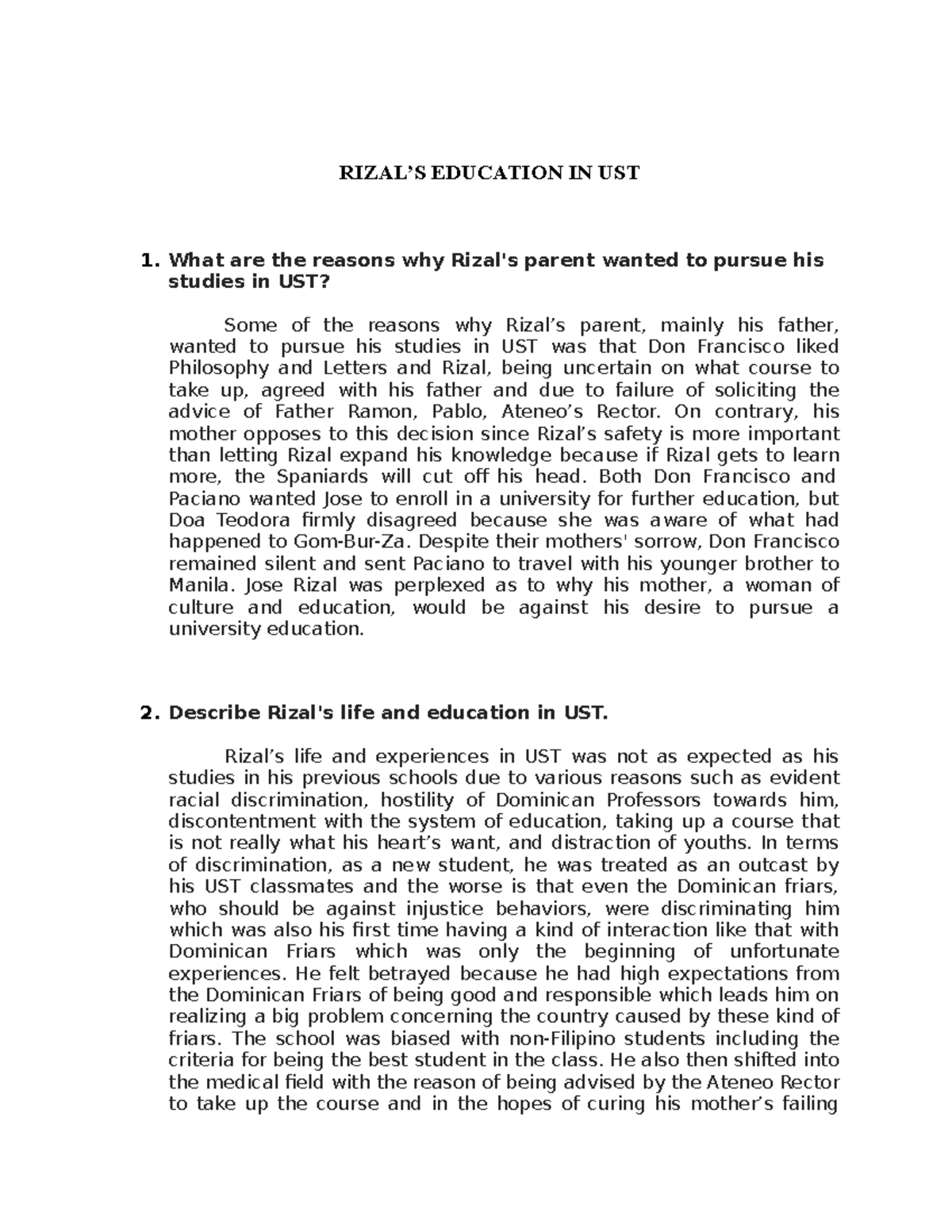 Rizal's Education in UST - RIZAL’S EDUCATION IN UST What are the ...