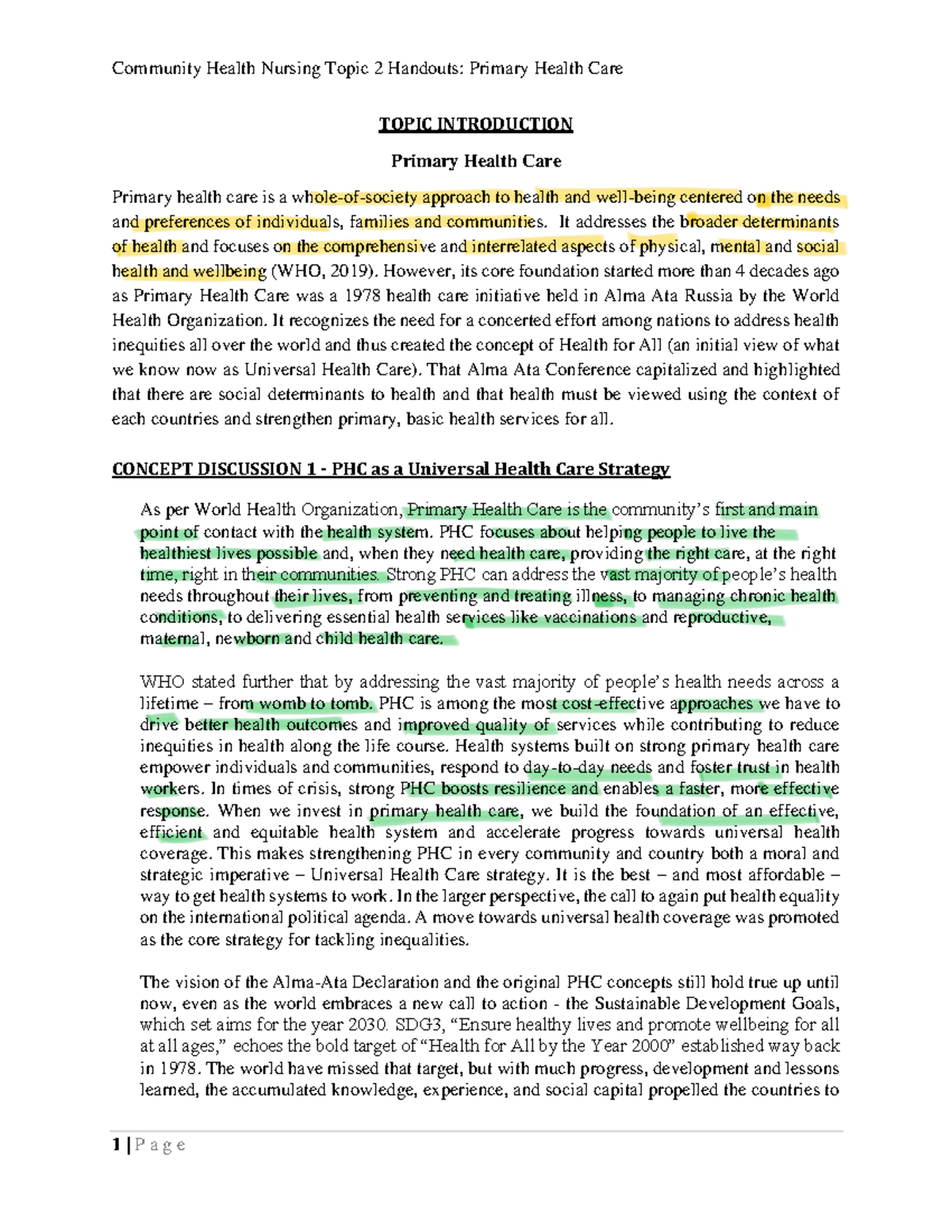 CHN 1 Topic 2 Handouts: Understanding Primary Health Care - Studocu
