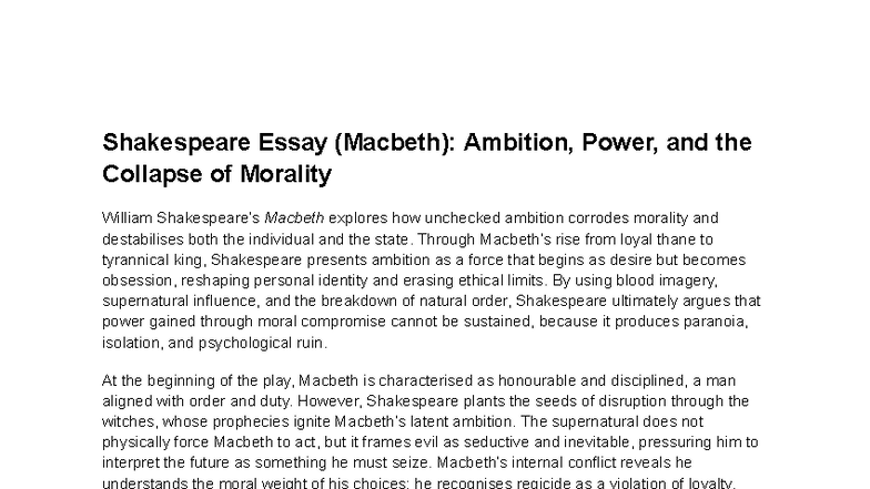 Shakespeare Essay (ENG 101): Ambition and Morality in Macbeth - Studocu