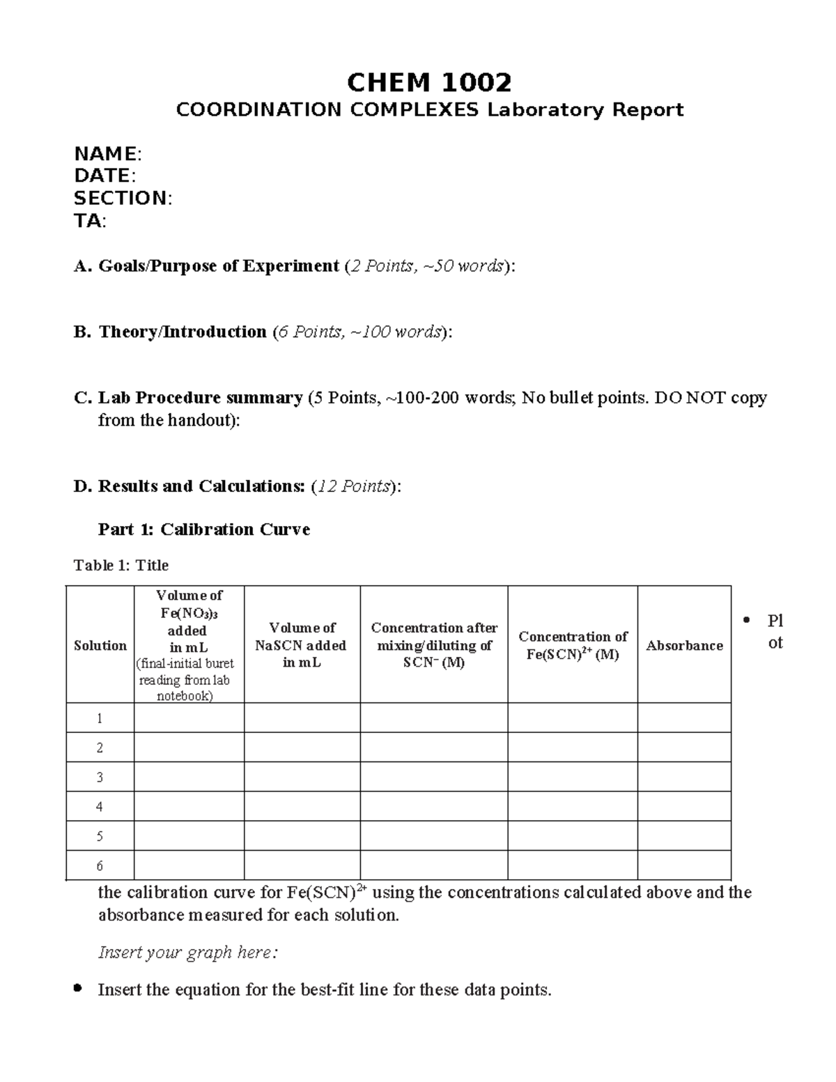 Coordination complexes - LAB Report template - CHEM 1002 COORDINATION ...