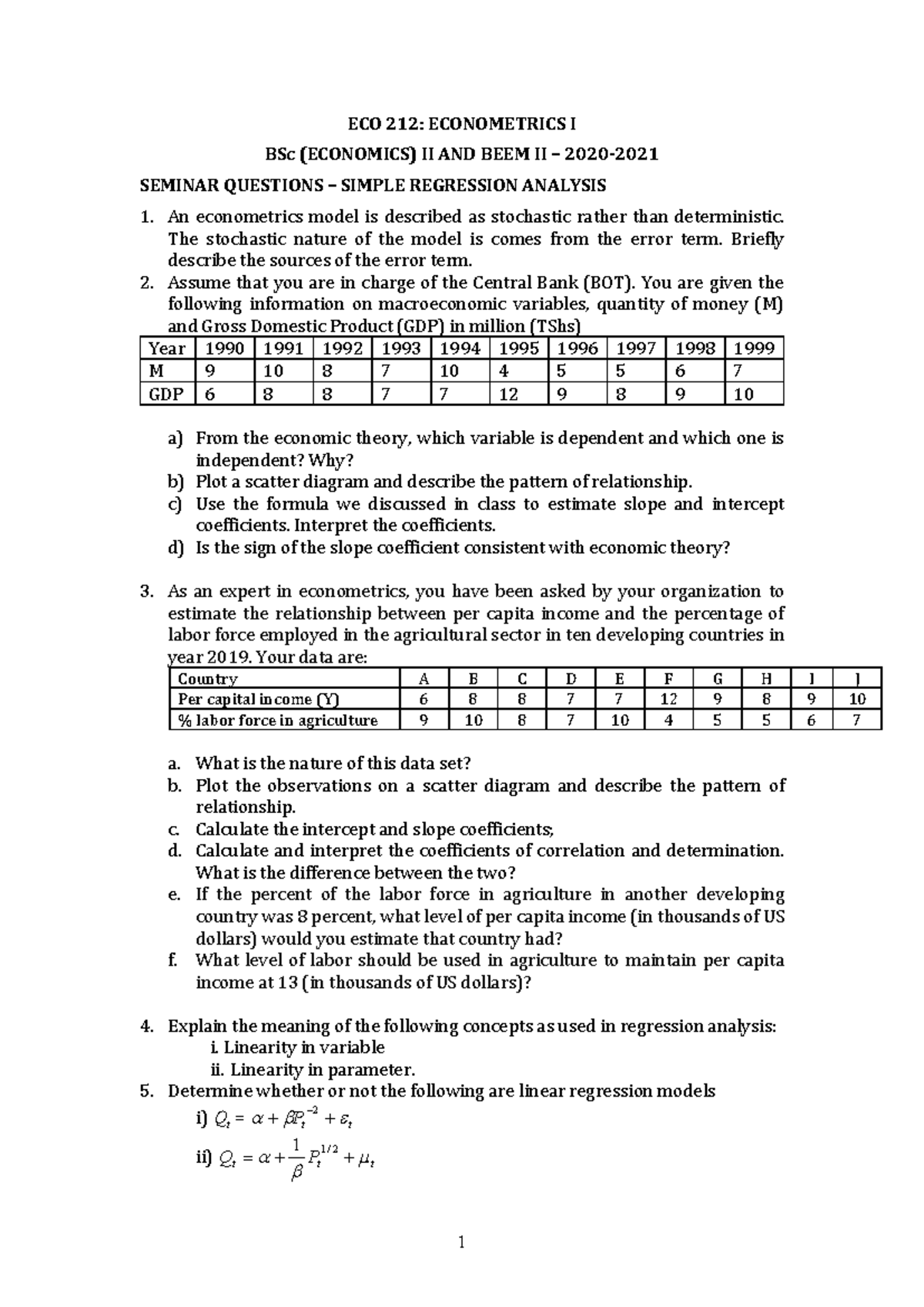ECO 212: Review Questions on Simple Regression Analysis (2020-2021) - Studocu